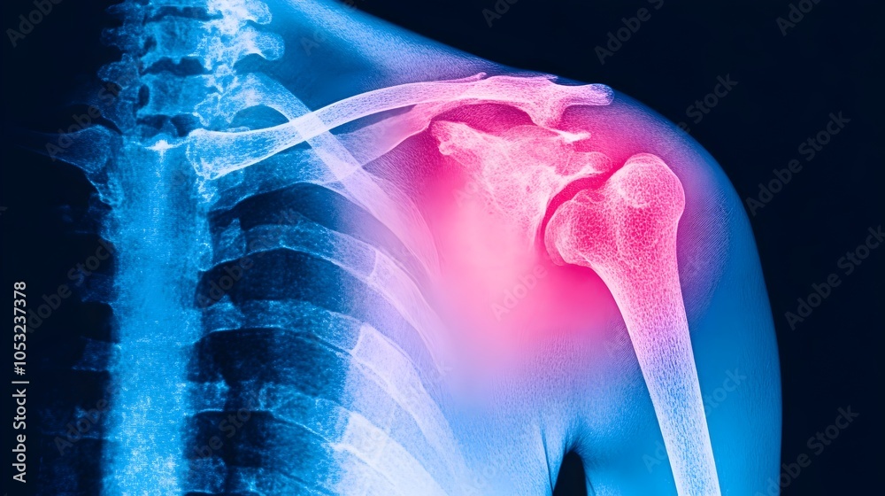X ray image of a dislocated shoulder joint with a red overlay ...