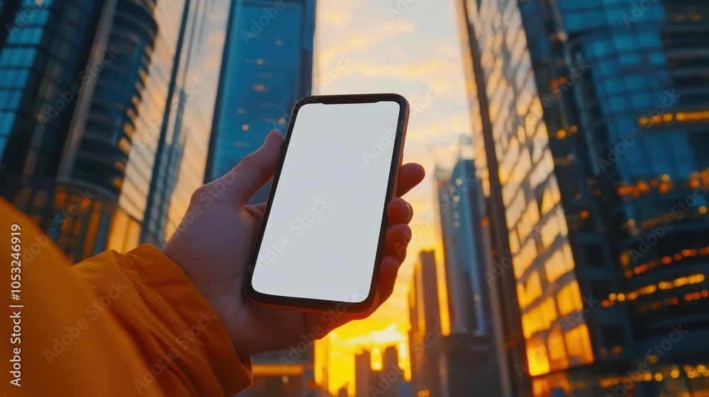 Businessman holding cell phone with Skyscrapers and sunset,using ...