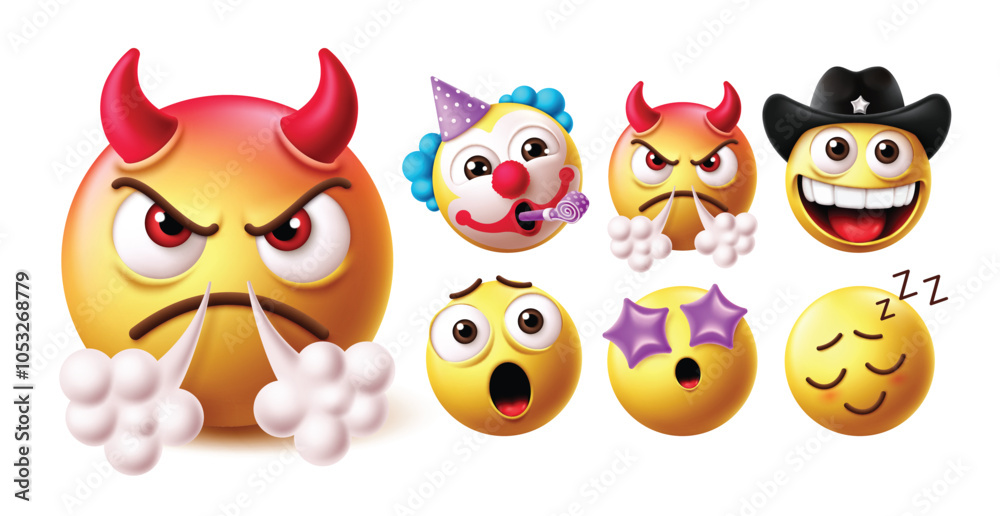 Emoji evil emoticon character vector set. Emojis daemon, monster and ...