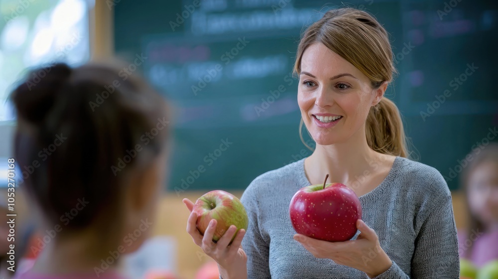 A teacher uses an apple as a visual aid in class, explaining the parts ...