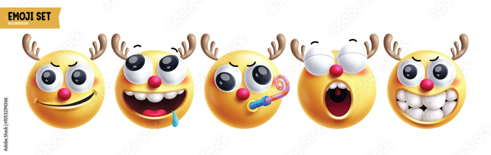 Emoji reindeer christmas emoticon characters vector set. Emojis xmas ...