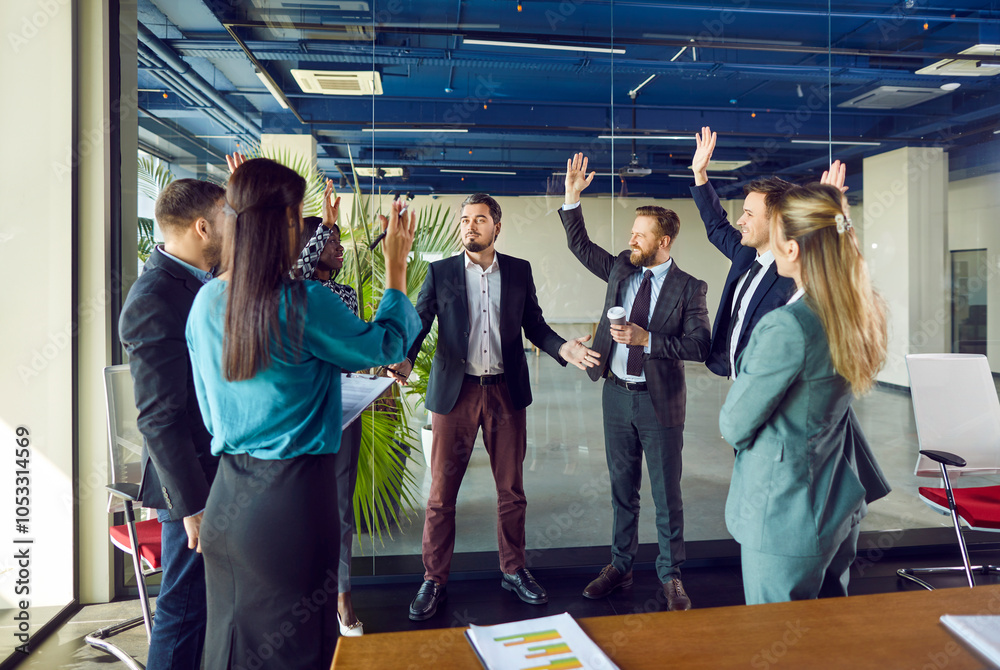 Happy excited successful business people giving high five, celebrating ...