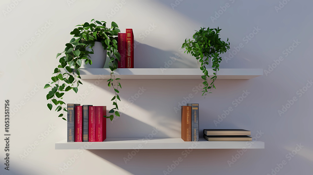 Zoom Background, 3 floating white shelves with books and plants Stock ...