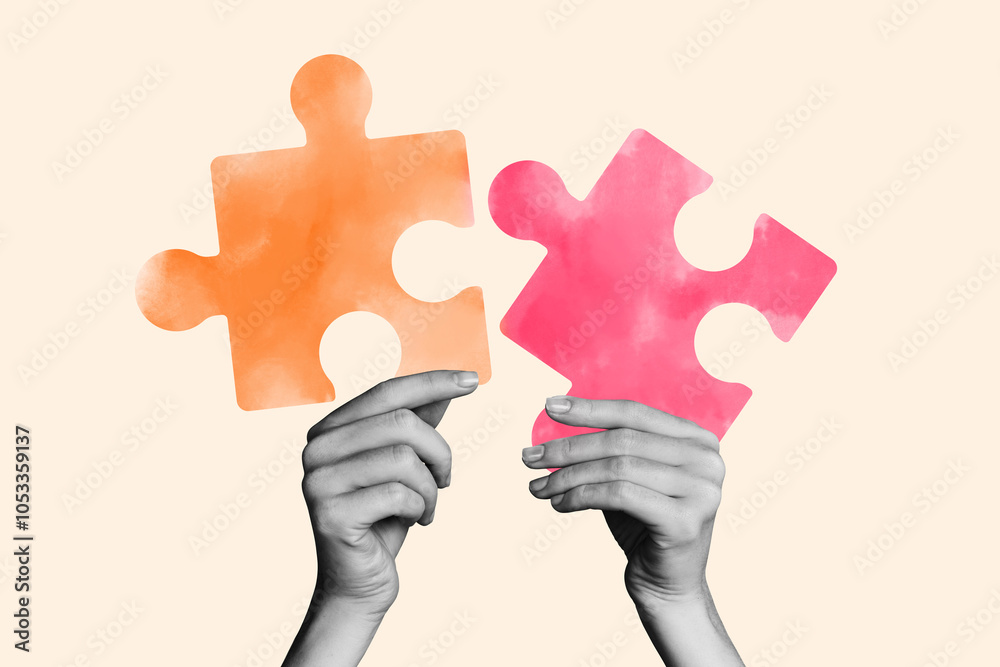 Creative picture collage hands body fragment hold puzzle pieces connect ...