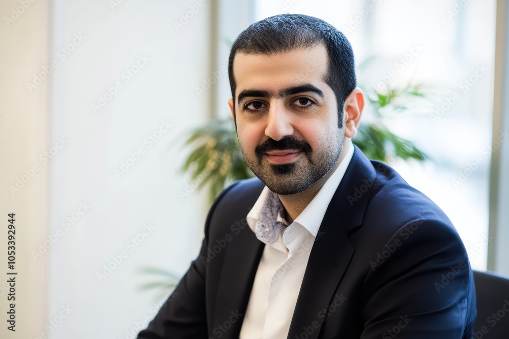 Professional man in formal attire sitting near plants in a bright ...