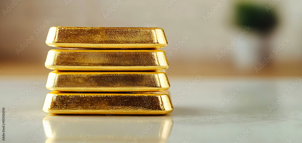 Four gold bars stacked neatly on a reflective surface, showcasing their shiny surface against a ...
