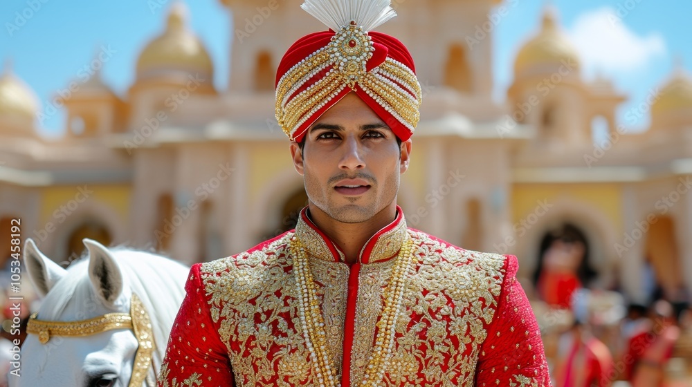 Indian Groom in Traditional Attire with Horse and Palace Background ...
