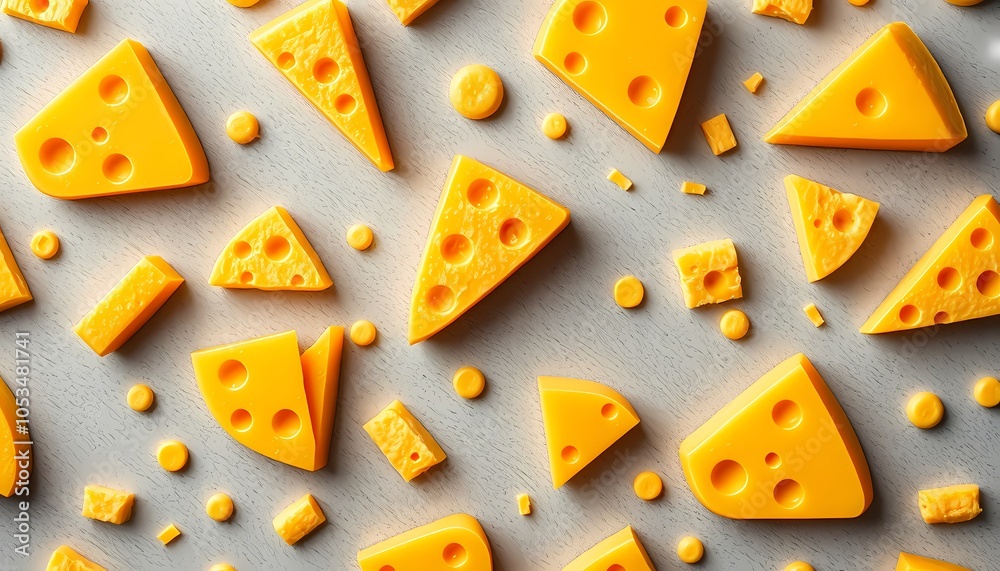 A collection of yellow cheese slices and crumbled pieces displayed on a ...