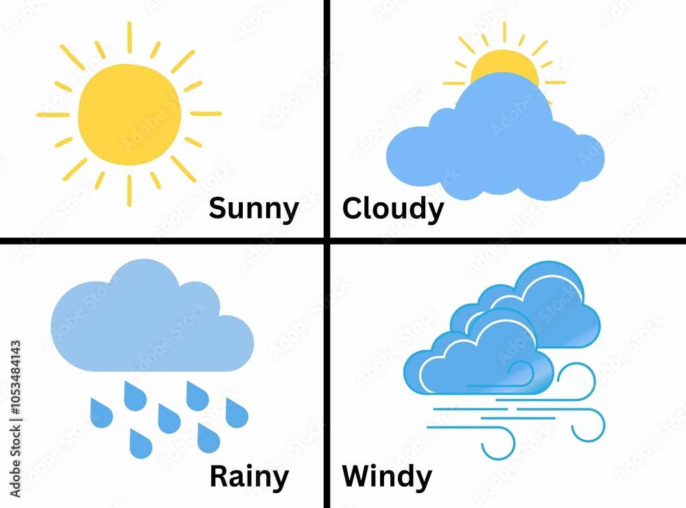 weather icons set, weather characters set for kids. Sunny, cloudy ...