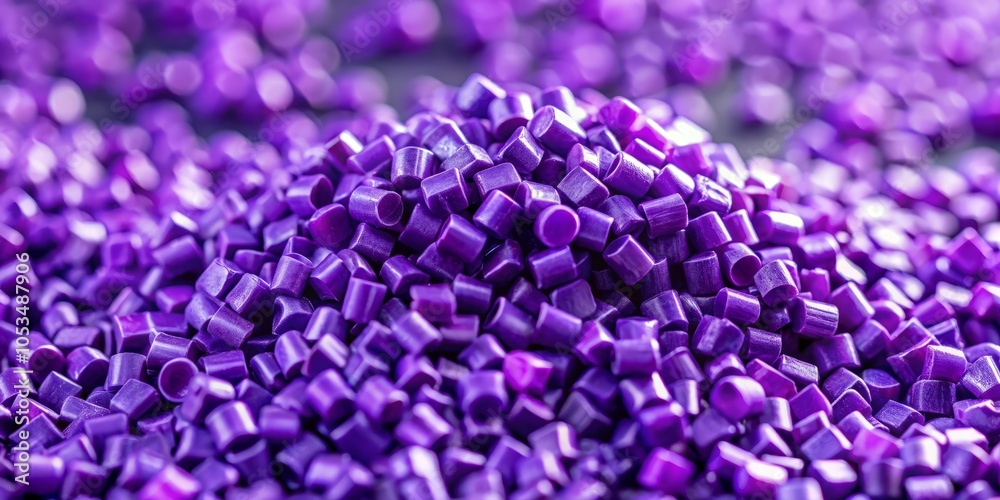 Ilustración de Stock Dynamic candid shots of purple plastic granulate showcase PA6, ASA, PP, and ...