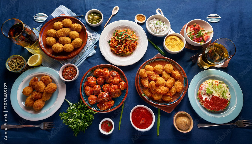 Mesa con tapas españolas típicas como croquetas, patatas bravas ...
