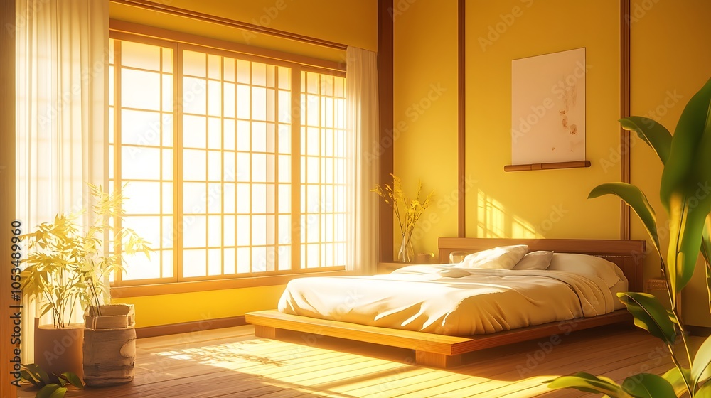 Peaceful Japanese-inspired room featuring warm yellow walls, wooden bed ...