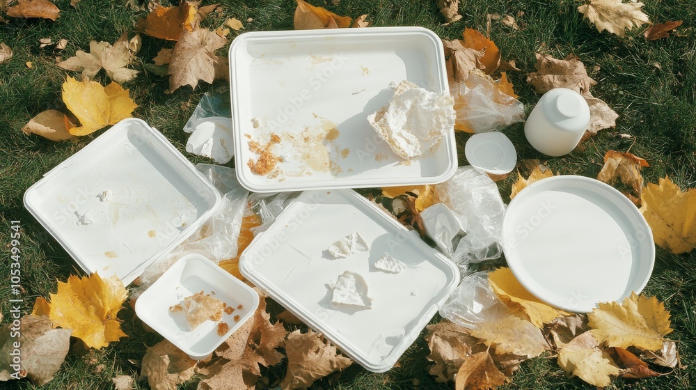 Discarded plastic food trays and garbage among autumn leaves ...