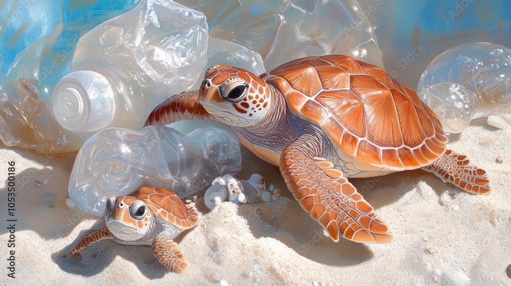 Two sea turtles surrounded by plastic waste on a beach, highlighting ...