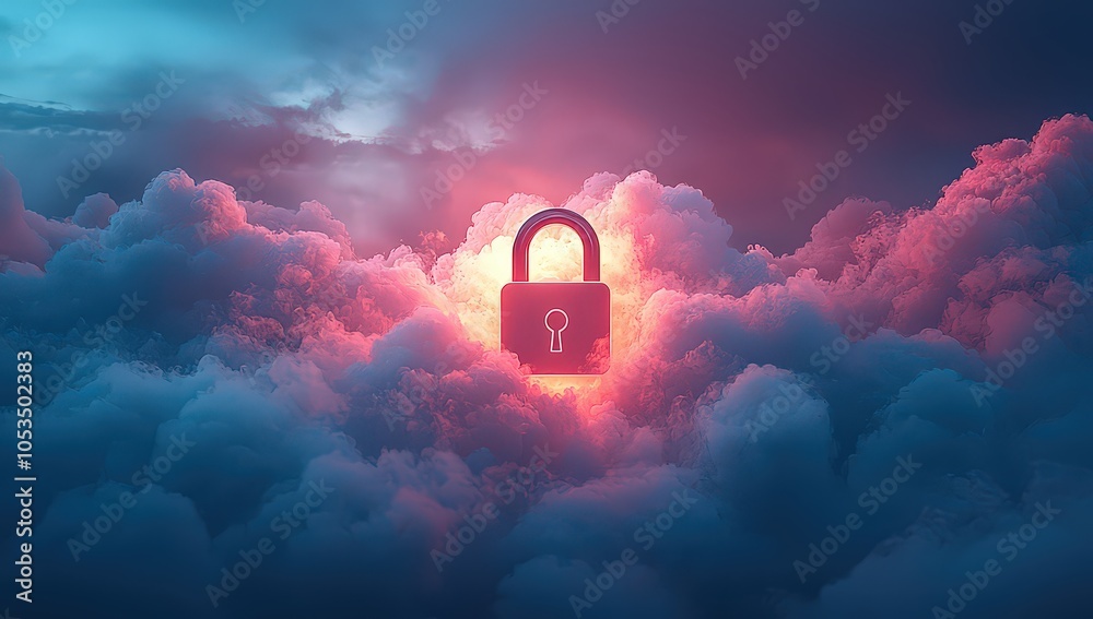 A lock symbol floating in the air, surrounded by soft clouds with a gradient background of blue ...