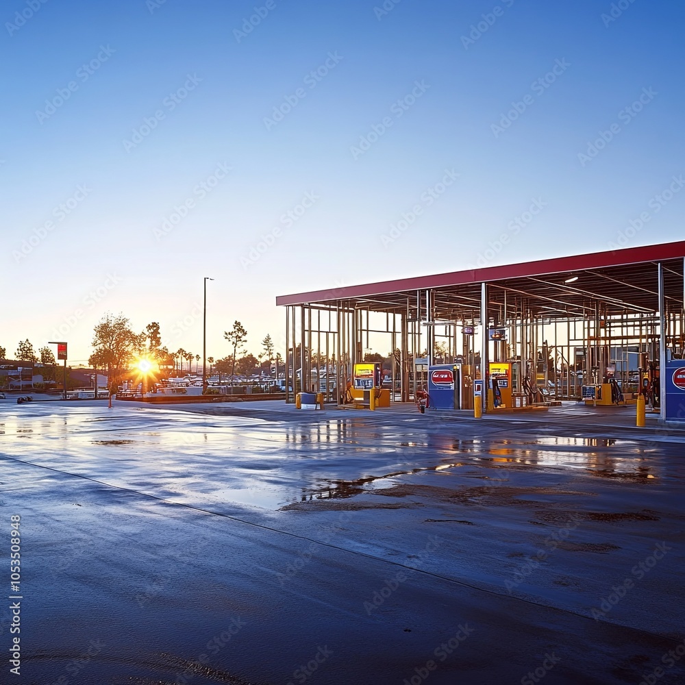 View of the steel framing of a gas station convenience store during its ...