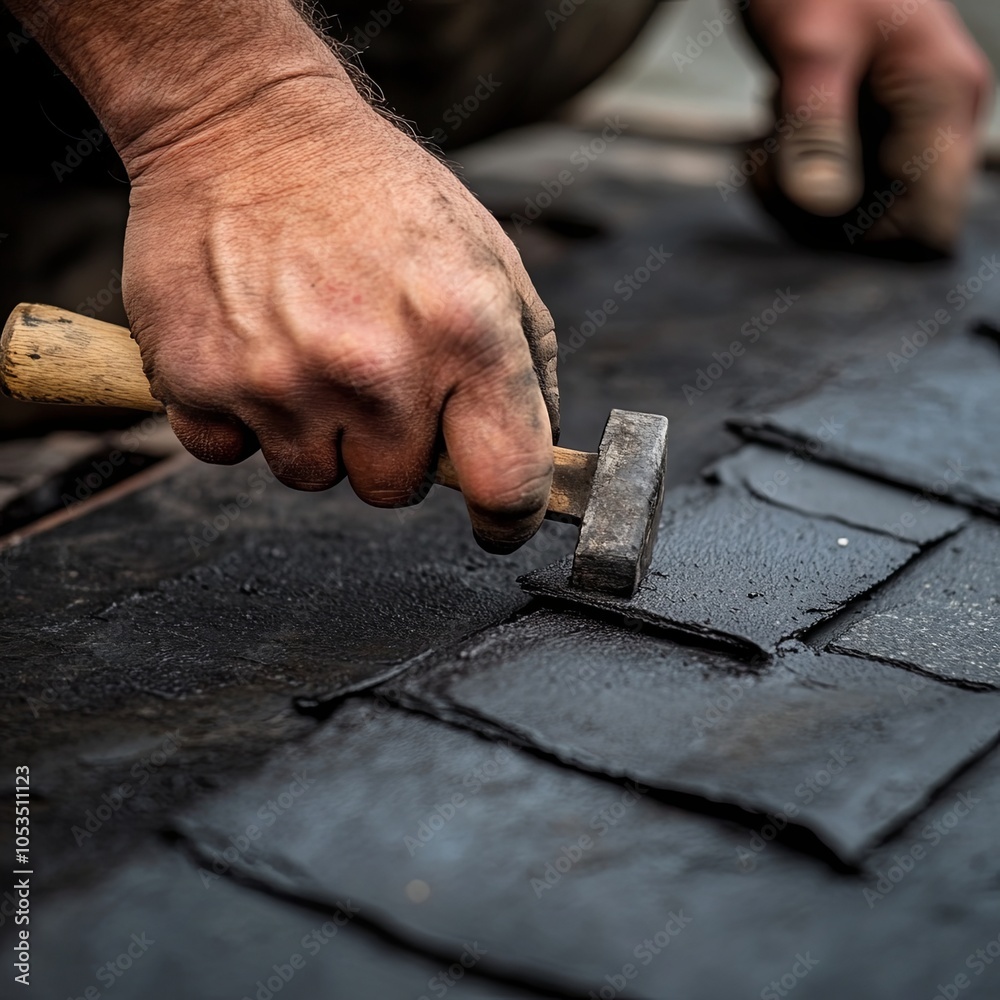 Workers hands installing bitumen roof shingles using hammer in nails ...