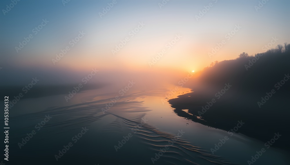 Ethereal dawn river scene shrouded in morning fog with mist creeping ...