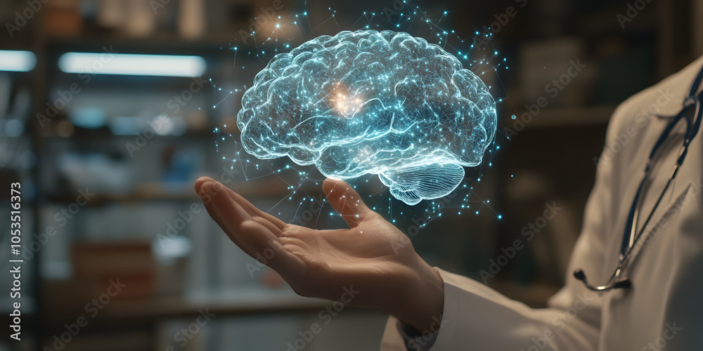 human brain image showing a doctor holding a detailed brain model ...