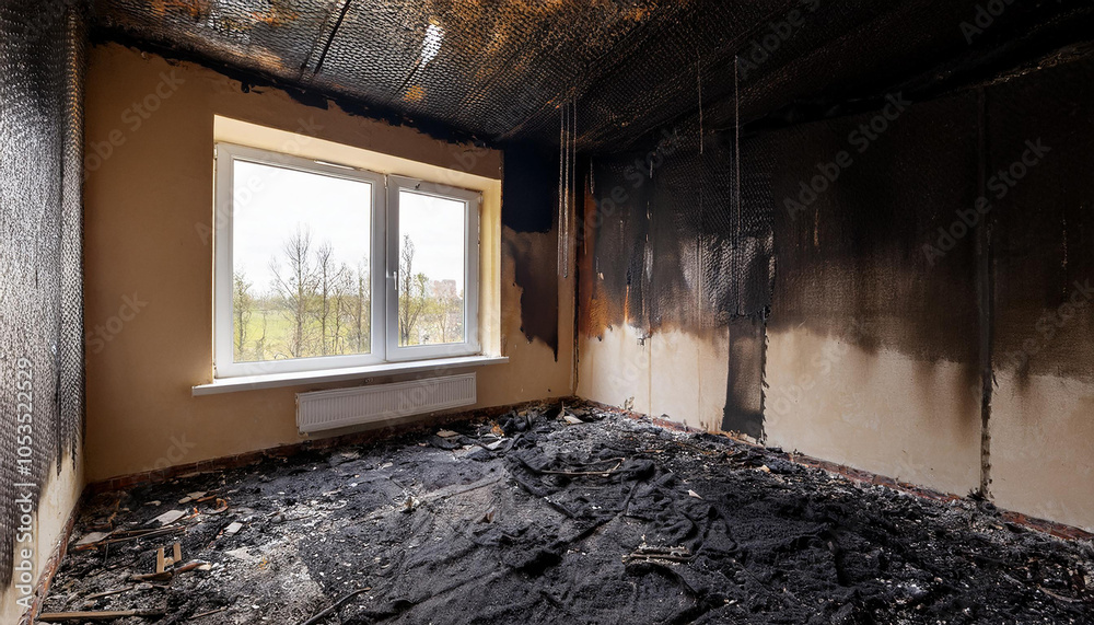 Empty burned room with window. Damaged apartment after house fire ...