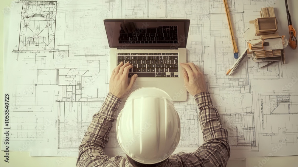 Architect with blueprints and laptop sketching construction project ...