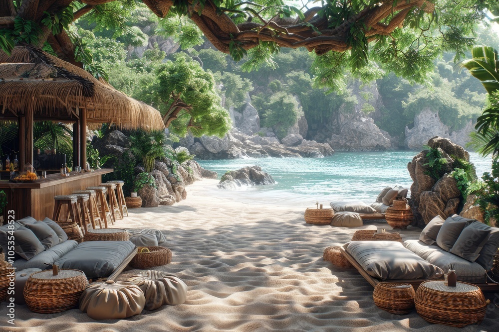 A traditional tiki bar with thatched roof, bamboo furniture, and exotic ...