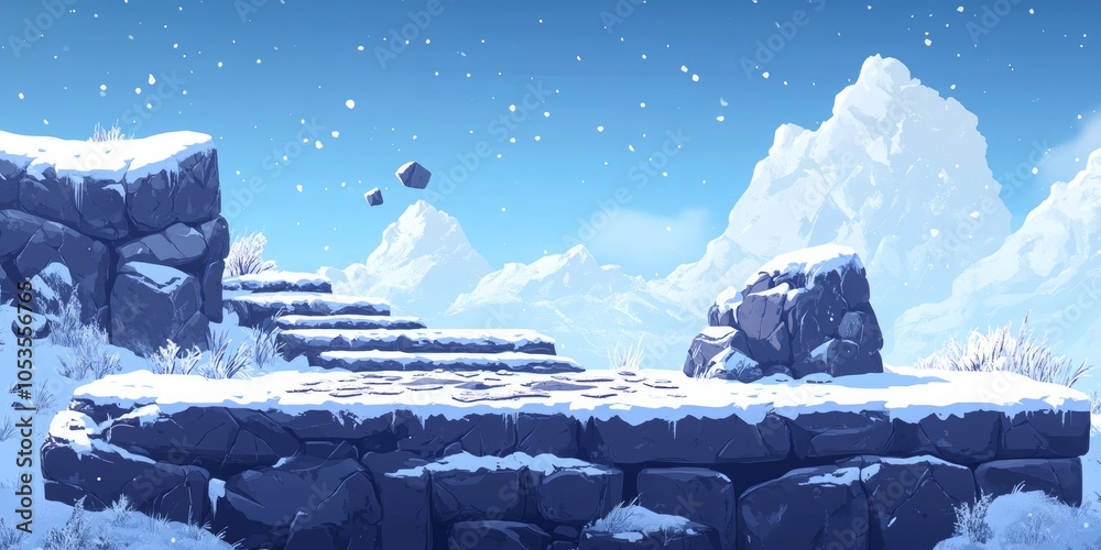 Snowy Summit Adventure, a 2D platformer level featuring flat rocky terrain, snow-capped ...