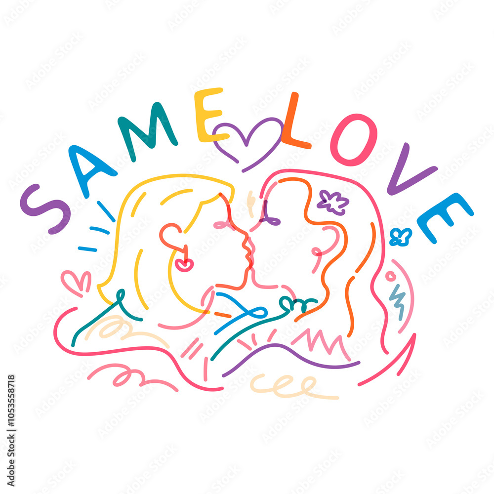 LGBTQ same love png sticker, lesbian couple kissing line art ...