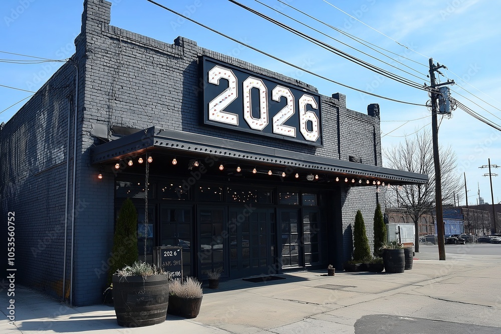 Modern gray brick building with illuminated sign displaying the year ...