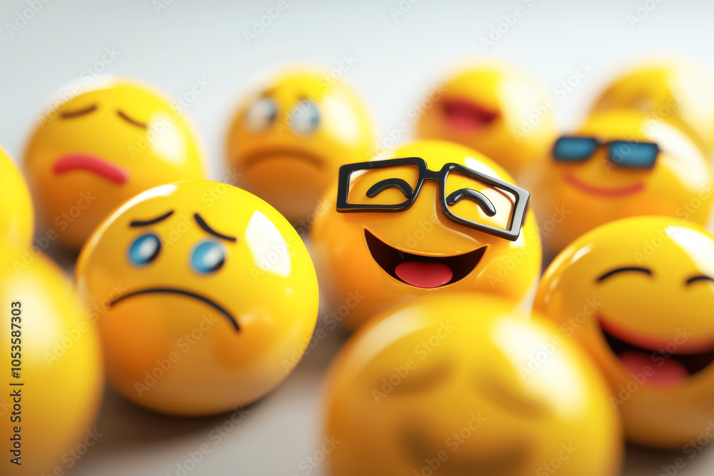 Lively Emoji Balls with Glasses Showing Various Emotions. A fun scene ...