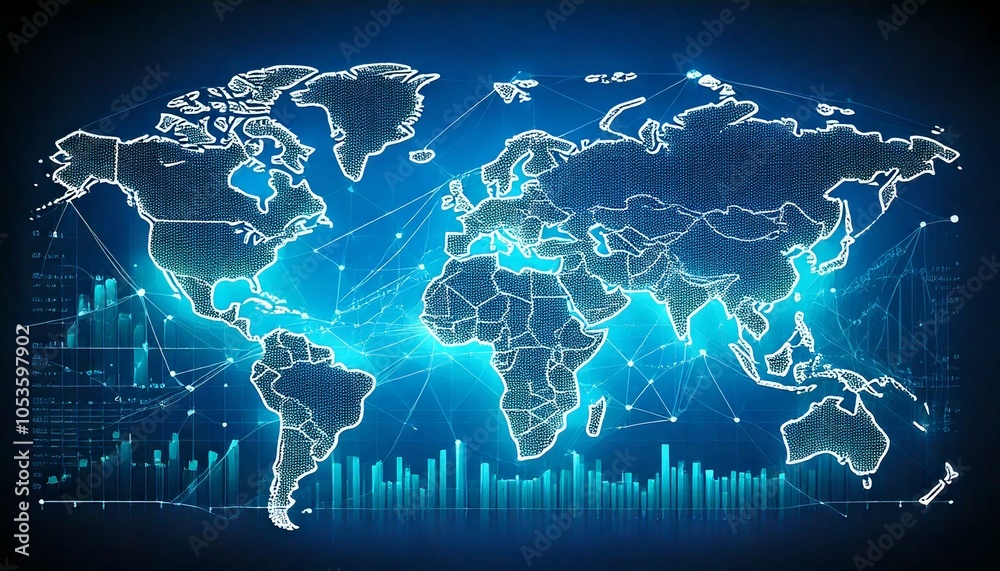 World map with interconnected line and growing nodes representing ...