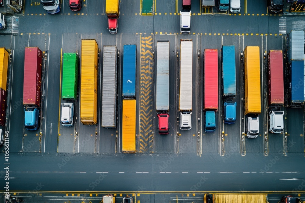 Aerial view of cargo trucks lining up at a border crossing ...