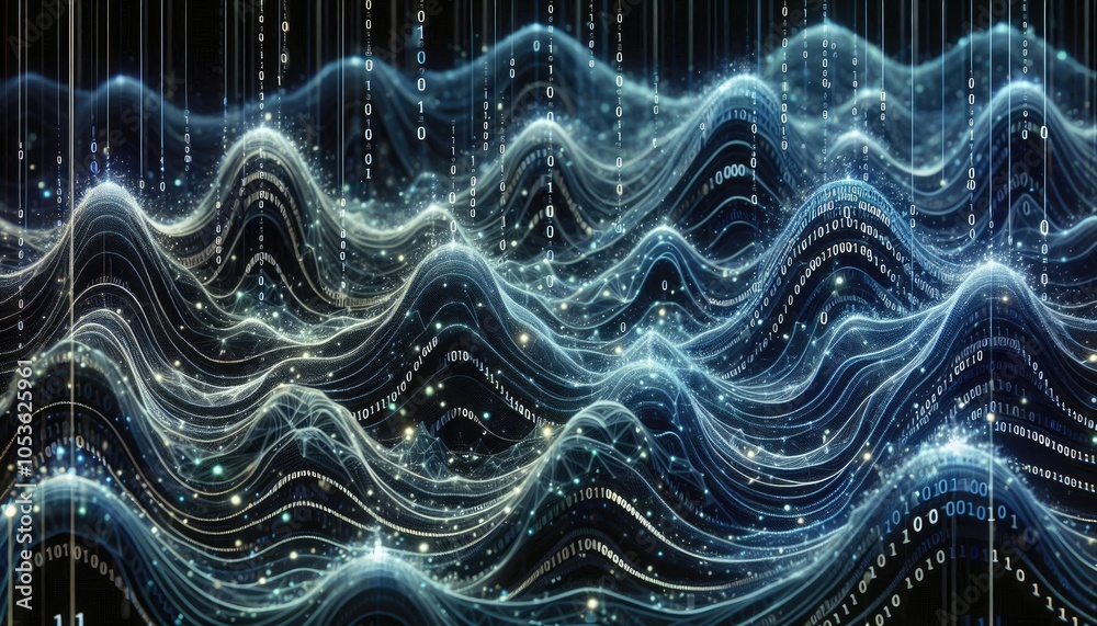 Digital Landscape with Deep Learning Network - Binary Code Waves and Neural Nodes, Futuristic AI ...