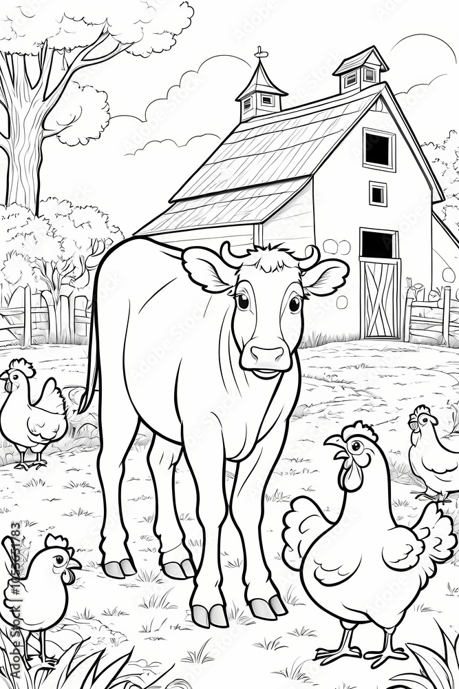 Farm with a Cow and Chickens - Coloring Page for Kids Stock ...