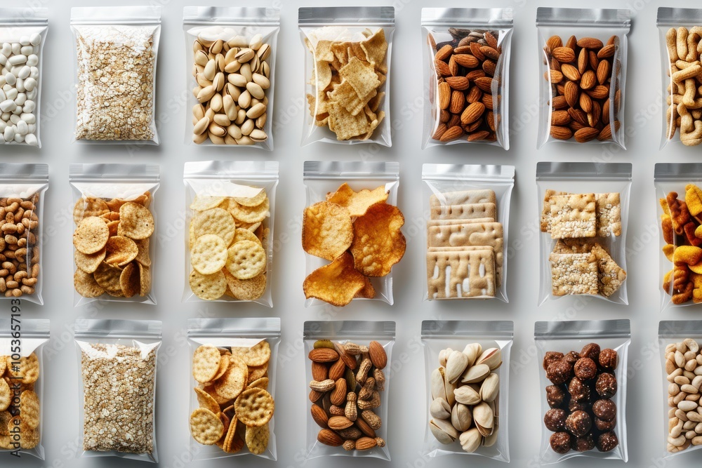 several snack packaging mockups top view, different types of snacks ...