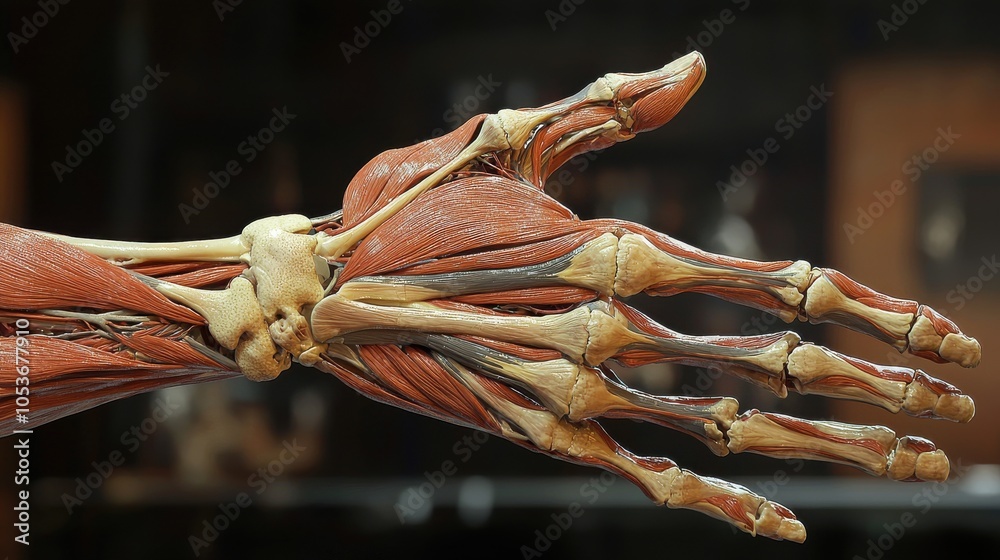 A detailed view of the human hand showing the muscles tendons and bones ...