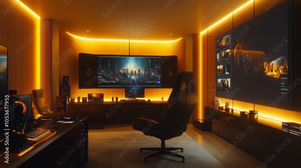 Room designed for streamers, with dual screens, warm ambient lighting ...
