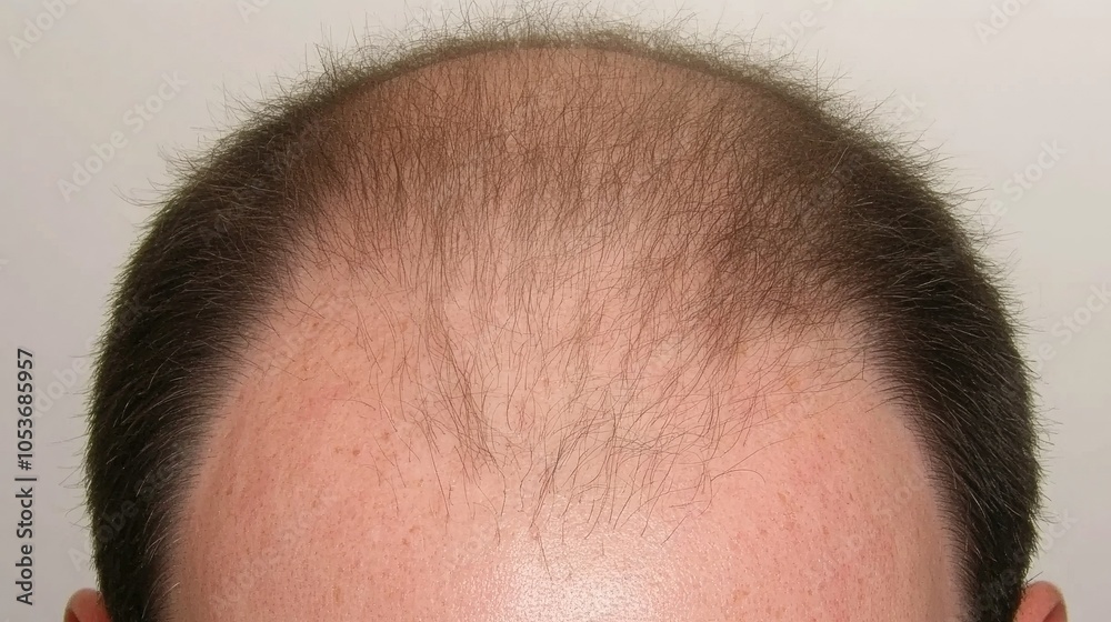 A close-up view of a man's thinning hair and receding hairline from ...