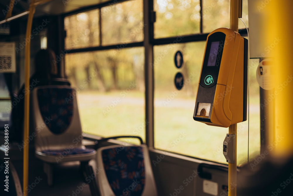 Contactless payment system on the bus. Payment for travel. Copy space ...