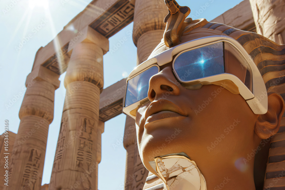Statue of ra the egyptian sun god wearing futuristic sunglasses with ...