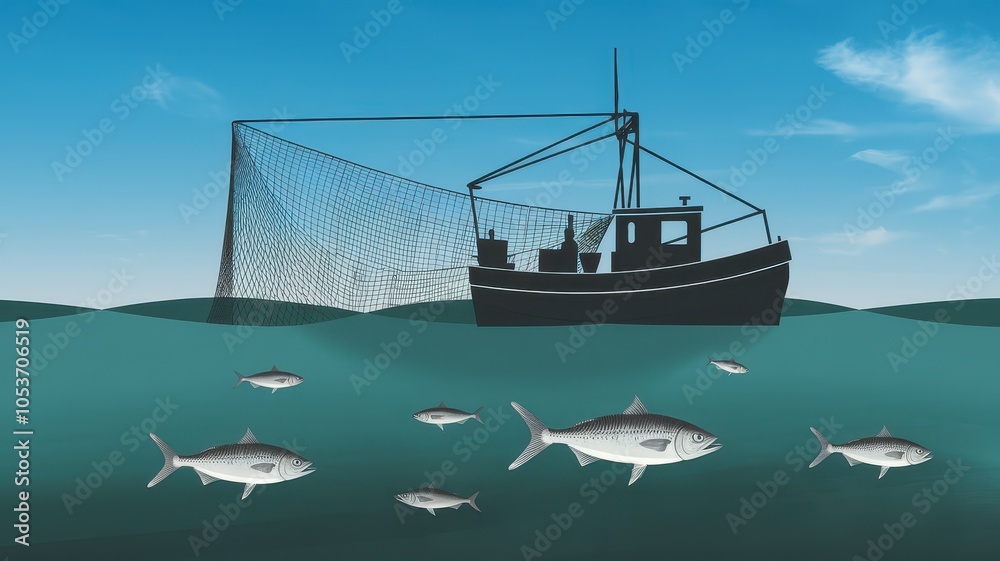 Commercial Fishing Trawler Sailing the Open Sea Amid School of Fish ...