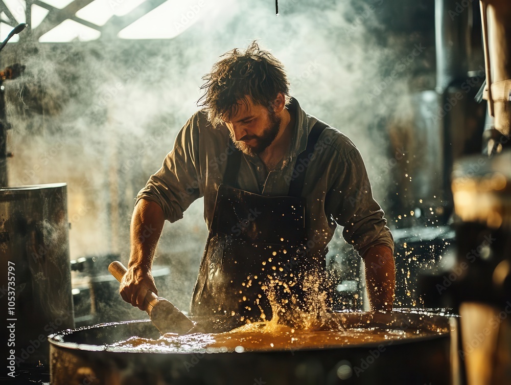 A winemaker stirring a vat of fermenting grape juice, ensuring even ...