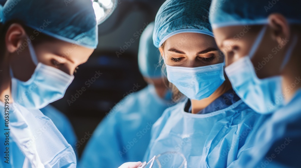 Group of surgeons engaged in vascular surgery, using delicate ...