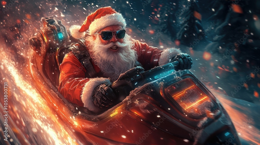 Futuristic Santa Claus riding a sleek high tech sleigh adorned with ...
