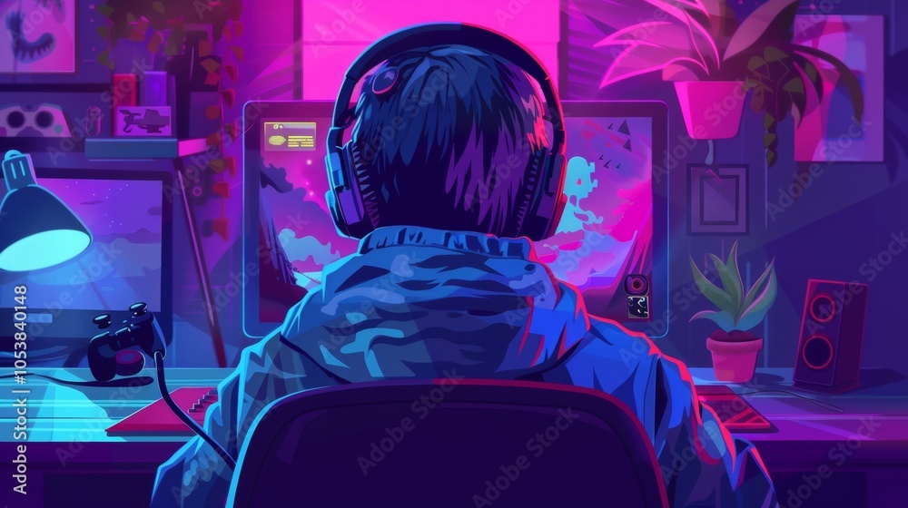 Vector Illustration Young Gamer Sit IN Front Of A Screen And Playing ...