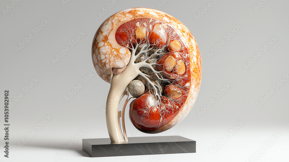 Detailed anatomical model of the kidney and ureter illustrating size ...