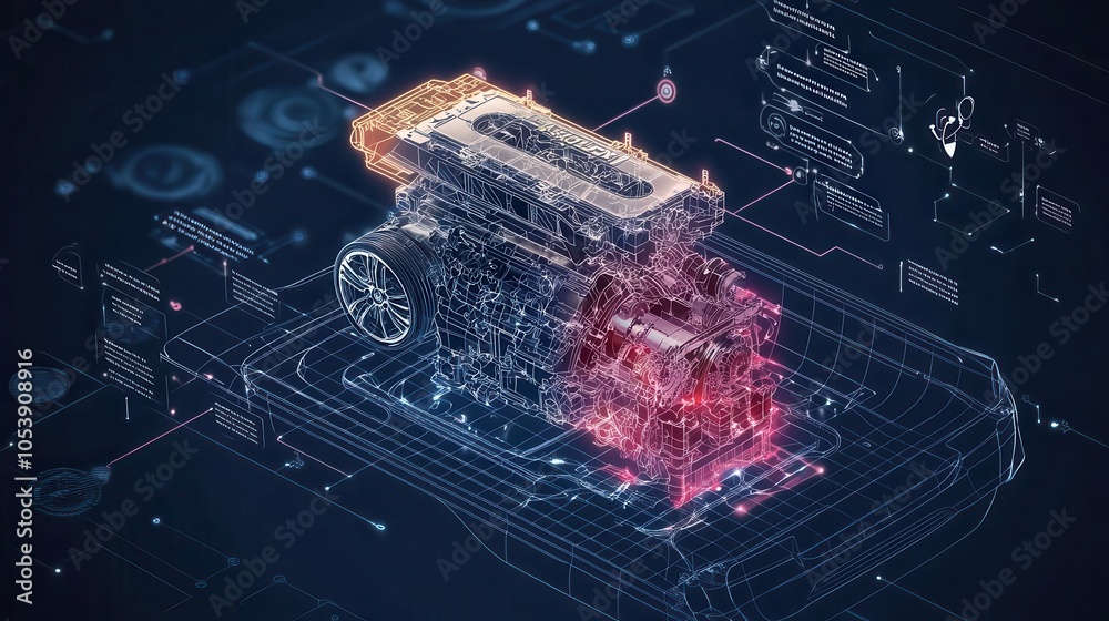 Exploded view of a car s hybrid fuel engine, showing detailed ...
