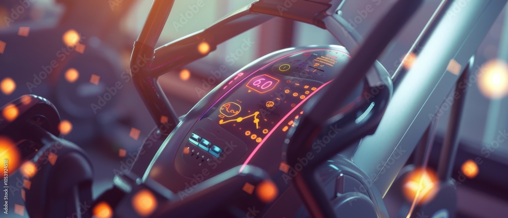 A high-tech exercise machine interface glows with vibrant lights ...