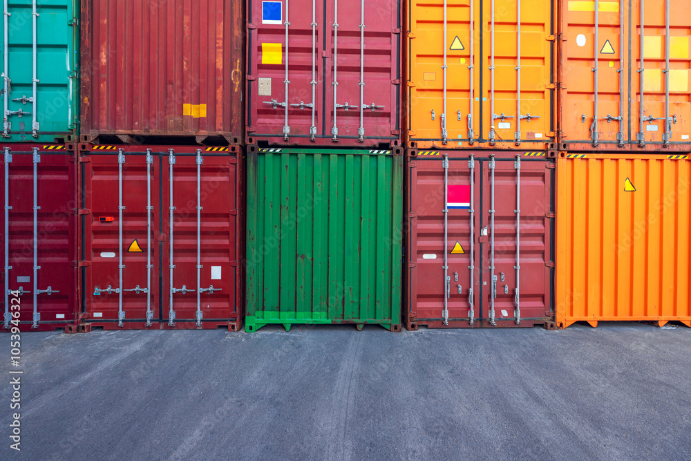 Colorful shipping containers stacked arrangement in a harbour storage ...