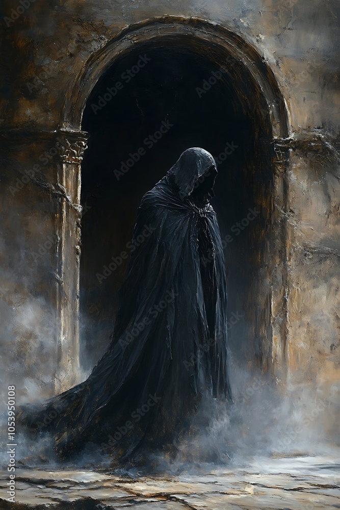 Mysterious figure cloaked in shadows emerges from ancient archway ...